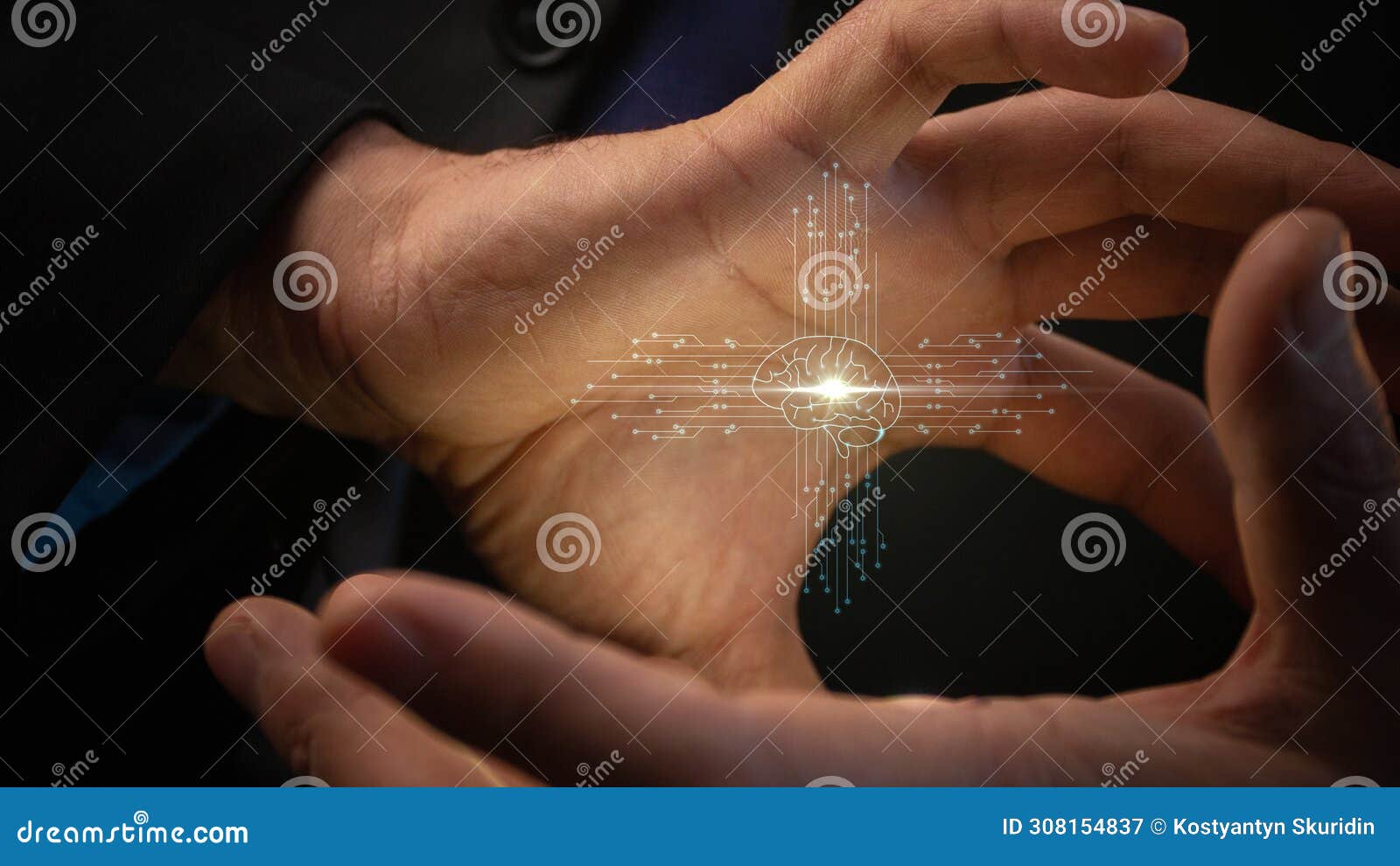 In the Hands Illuminated Inside, a Digital Microchip with a Human Brain ...
