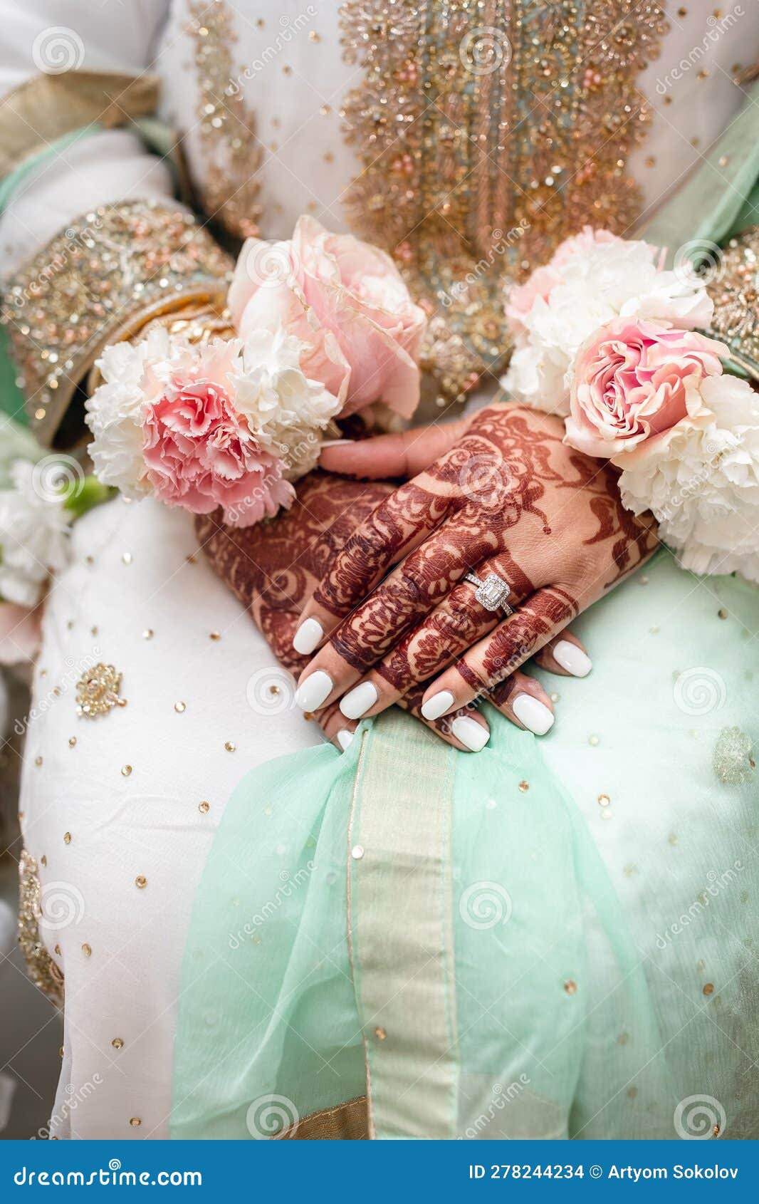 The Hands of an Indian Bride are Decorated with Flowers and Designs in ...