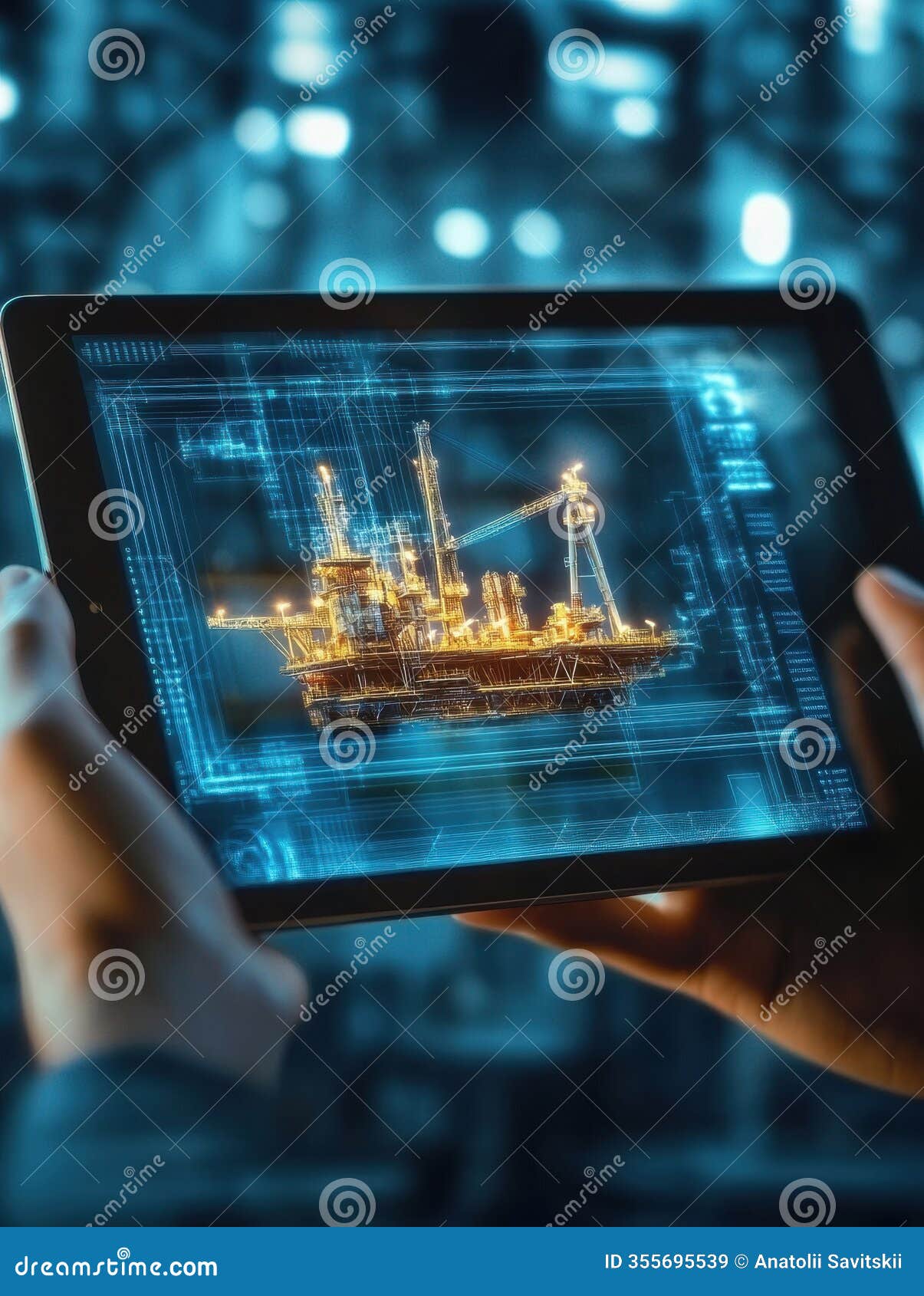Hands Holding a Tablet Displaying a Detailed 3D Model of an Oil Rig in ...