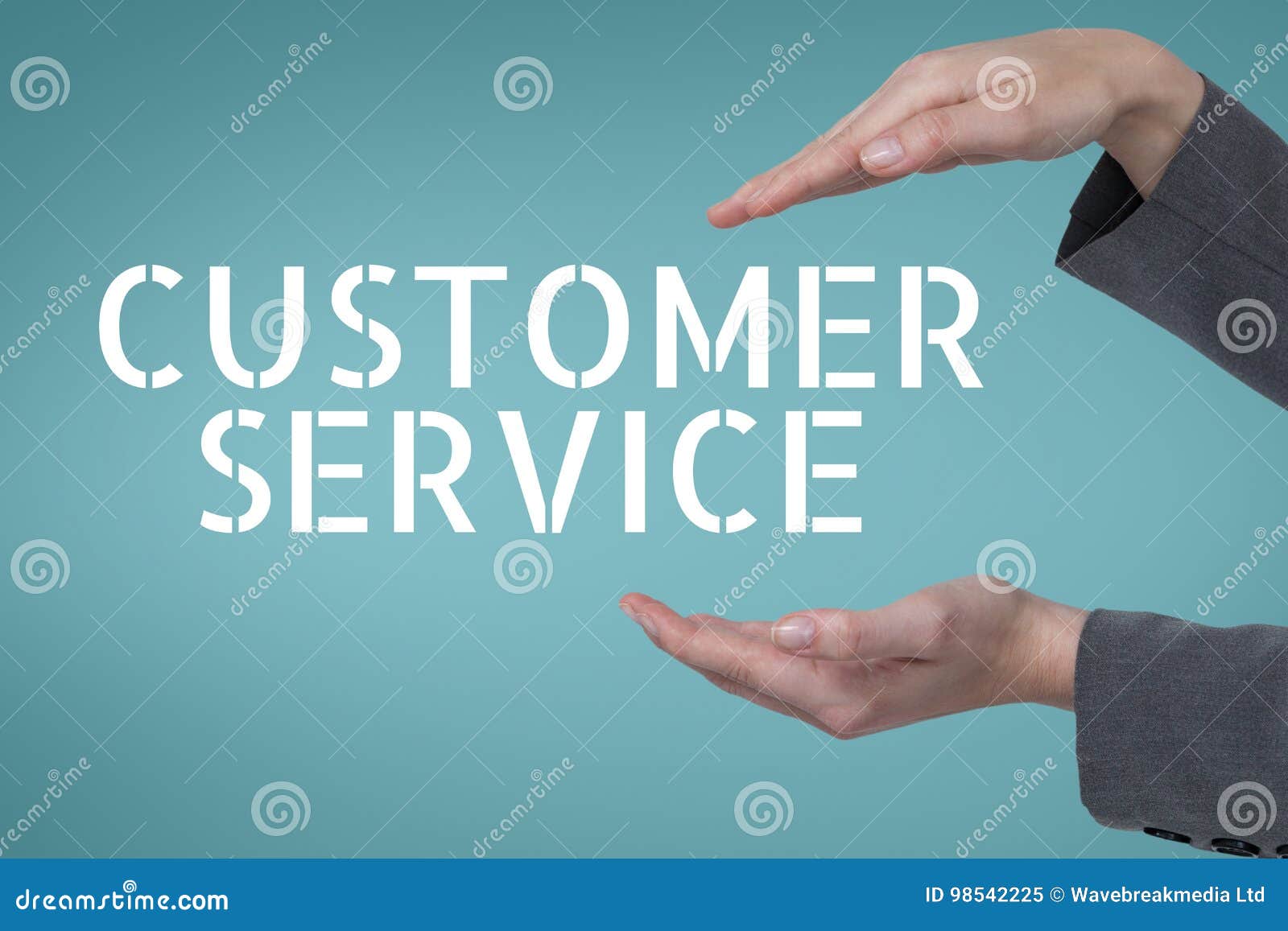 Hands Interacting with Customer Service Business Text Against Blue ...