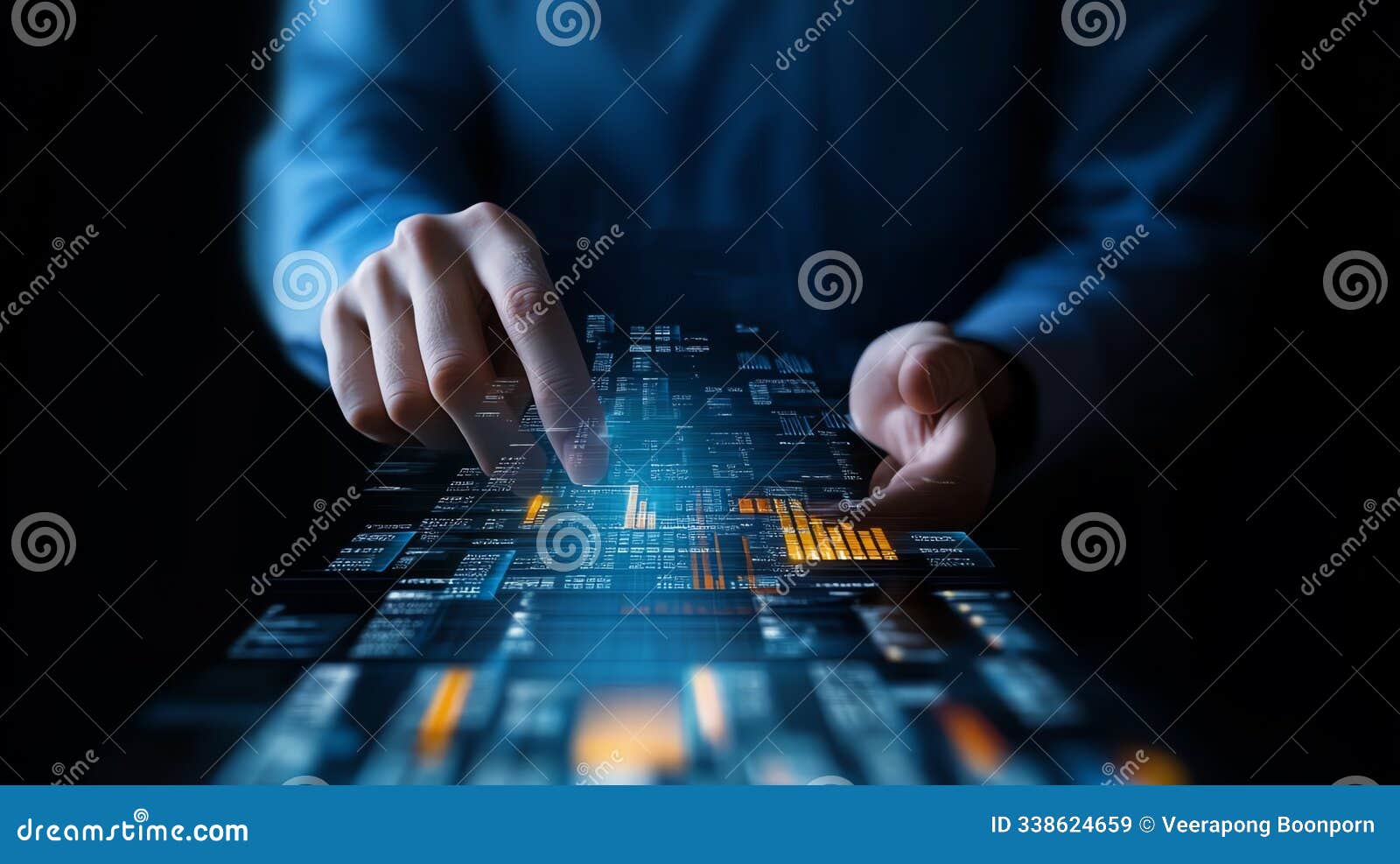 Hands Interacting with Digital Interface in a Dark Space, Showcasing ...