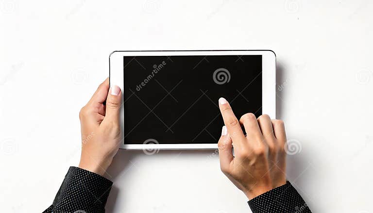Hands Interacting with a Tablet Device on a Clean, Minimalistic Surface ...