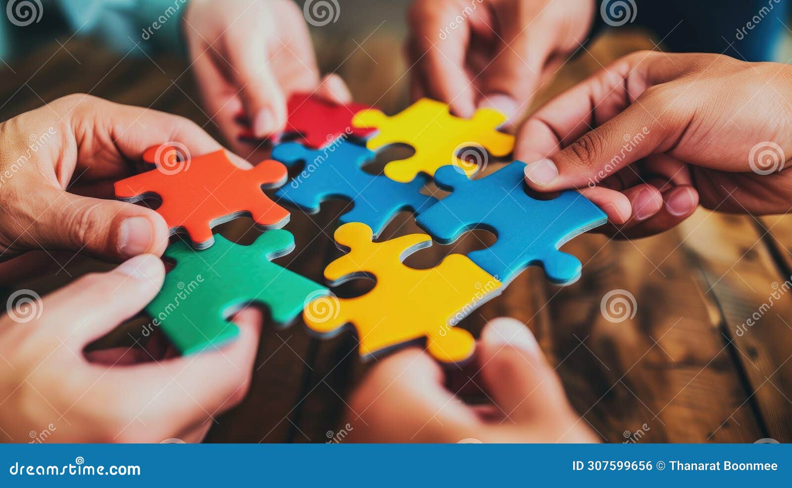 Hands Join Puzzle Pieces in Office, Symbolizing Teamwork & Partnership ...