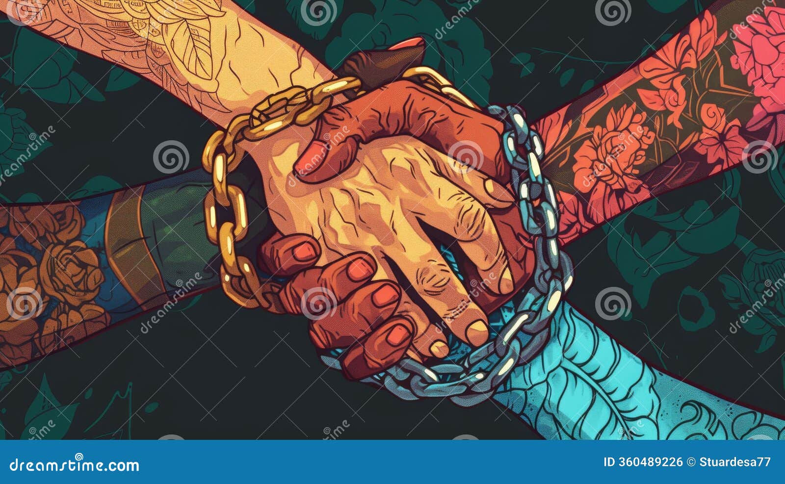 Hands Joined with Chains and Tattoos in Unity Illustration Stock Photo ...