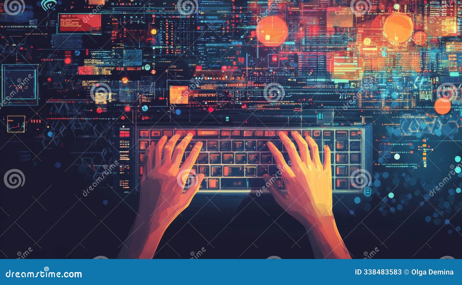 Hands on a Keyboard in Front of a Busy Data Screen. Software Coding ...
