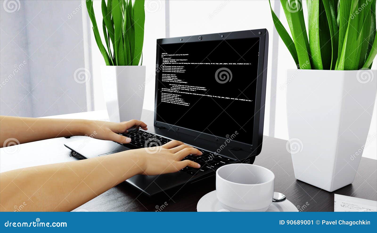 Hands on Keyboard. Workspace. Office Work Concept, 3d Rendering. Stock ...