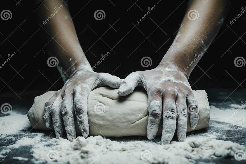 Hands Kneading Dough on Flour-covered Surface in Baking Process Stock ...