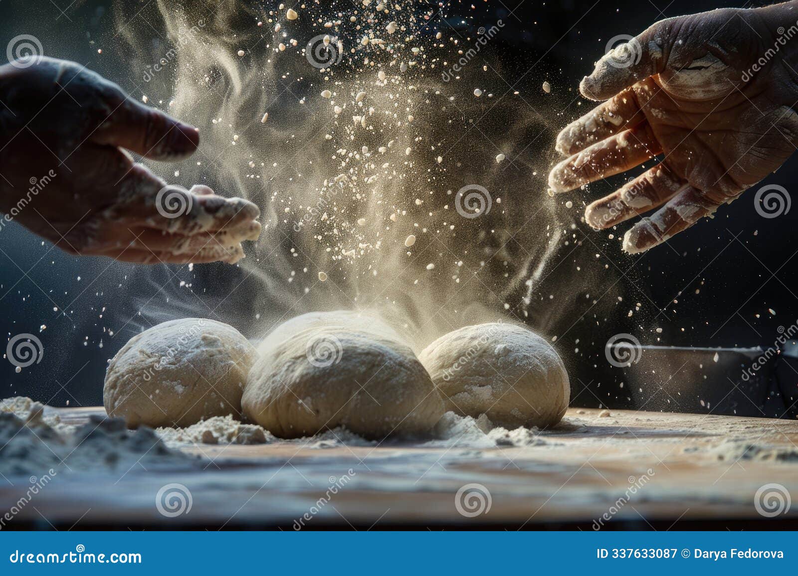 Hands Kneading Dough with Flour Splash on Black Background - Baking ...