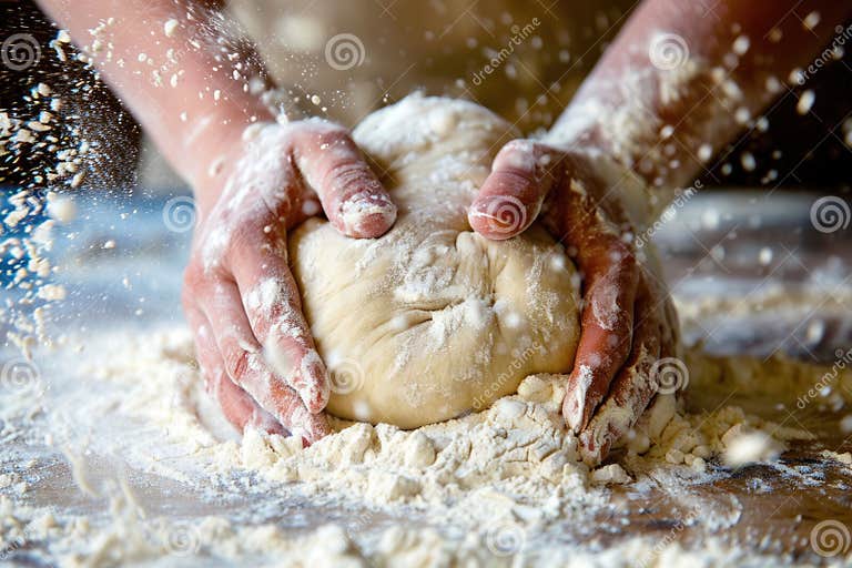 Hands Kneading Dough on Floured Surface: Artisanal Baking Process in ...