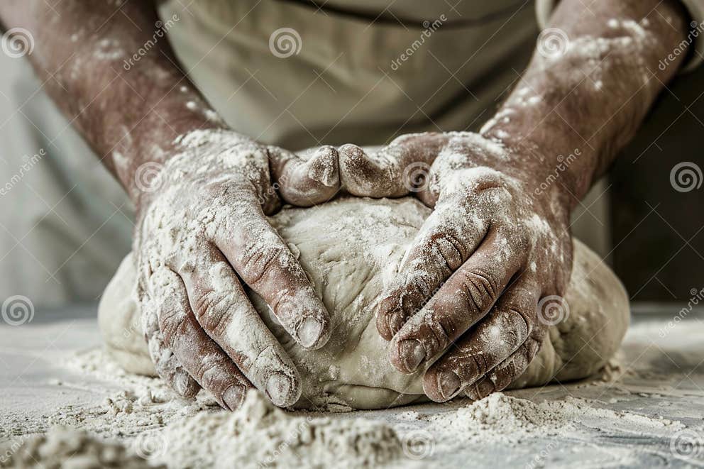 Hands Kneading Dough on Floured Surface: Artisanal Baking Process in ...