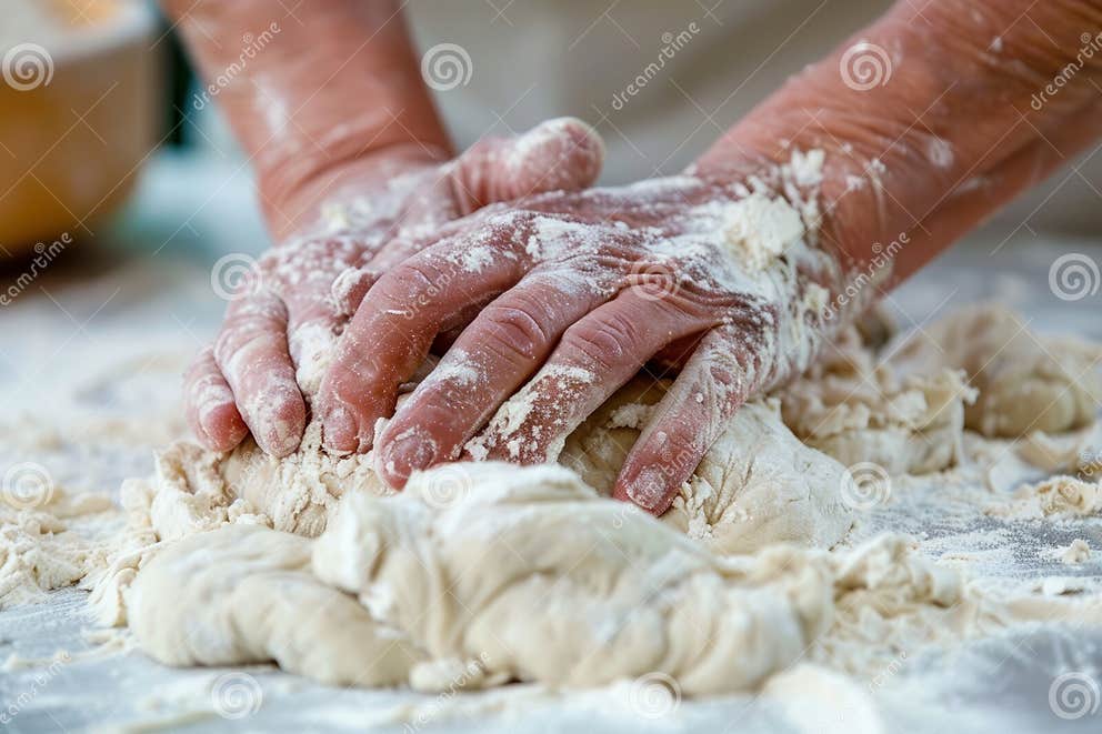 Hands Kneading Dough on a Floured Surface, Showcasing the Baking ...