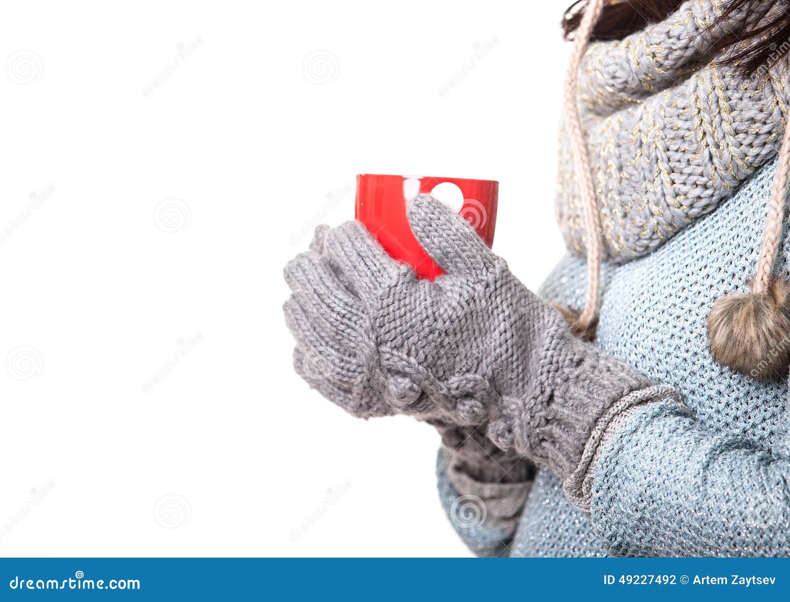 Hands in Knitted Mittens Holding a Red Circle, Isolated on White Stock ...