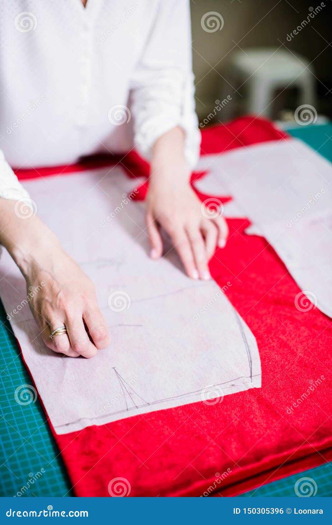 Hands of Lady Tailor Working in Her Studio, Tools and Fabric Samples on ...