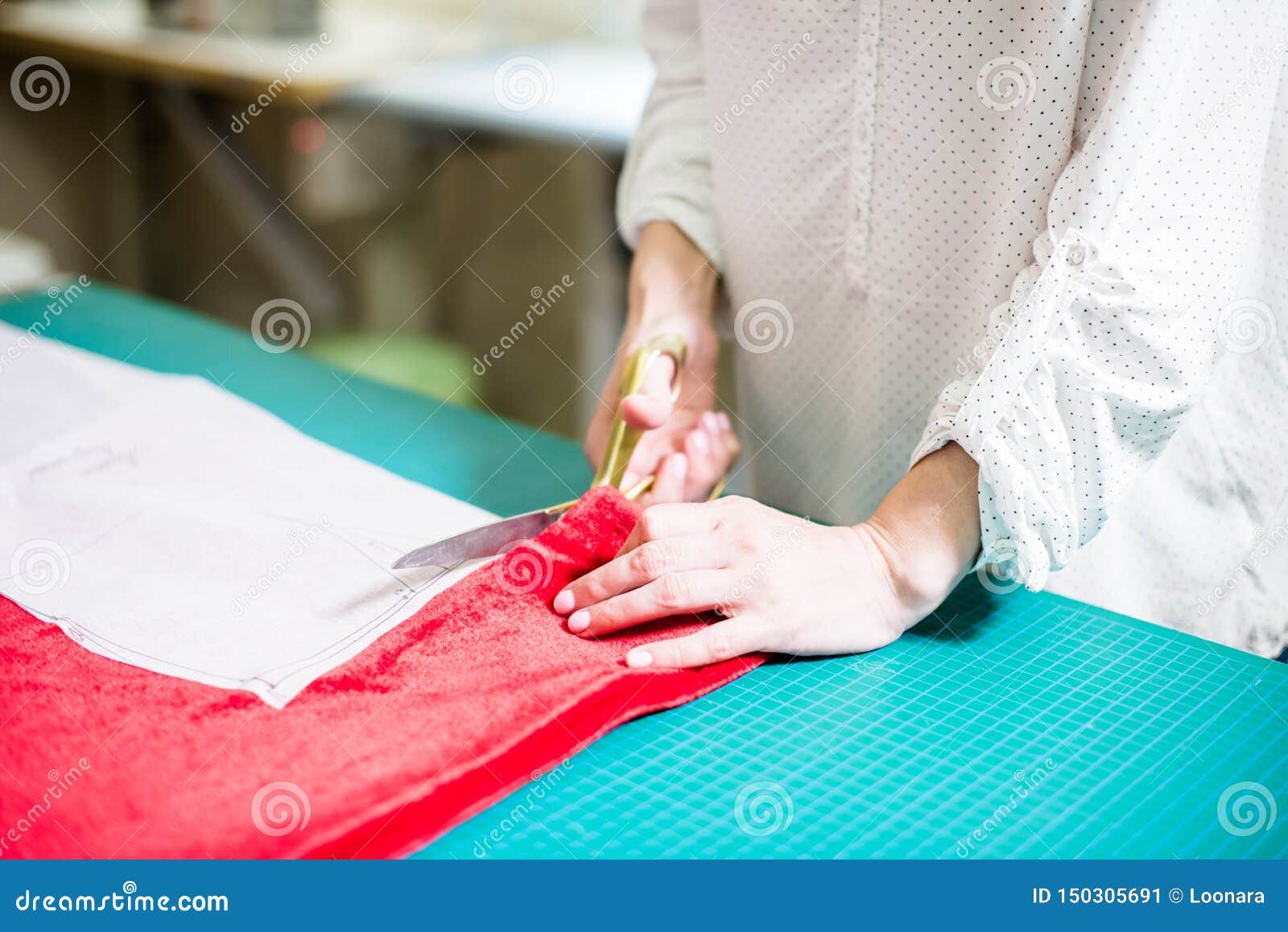 Hands of Lady Tailor Working in Her Studio, Tools and Fabric Samples on ...