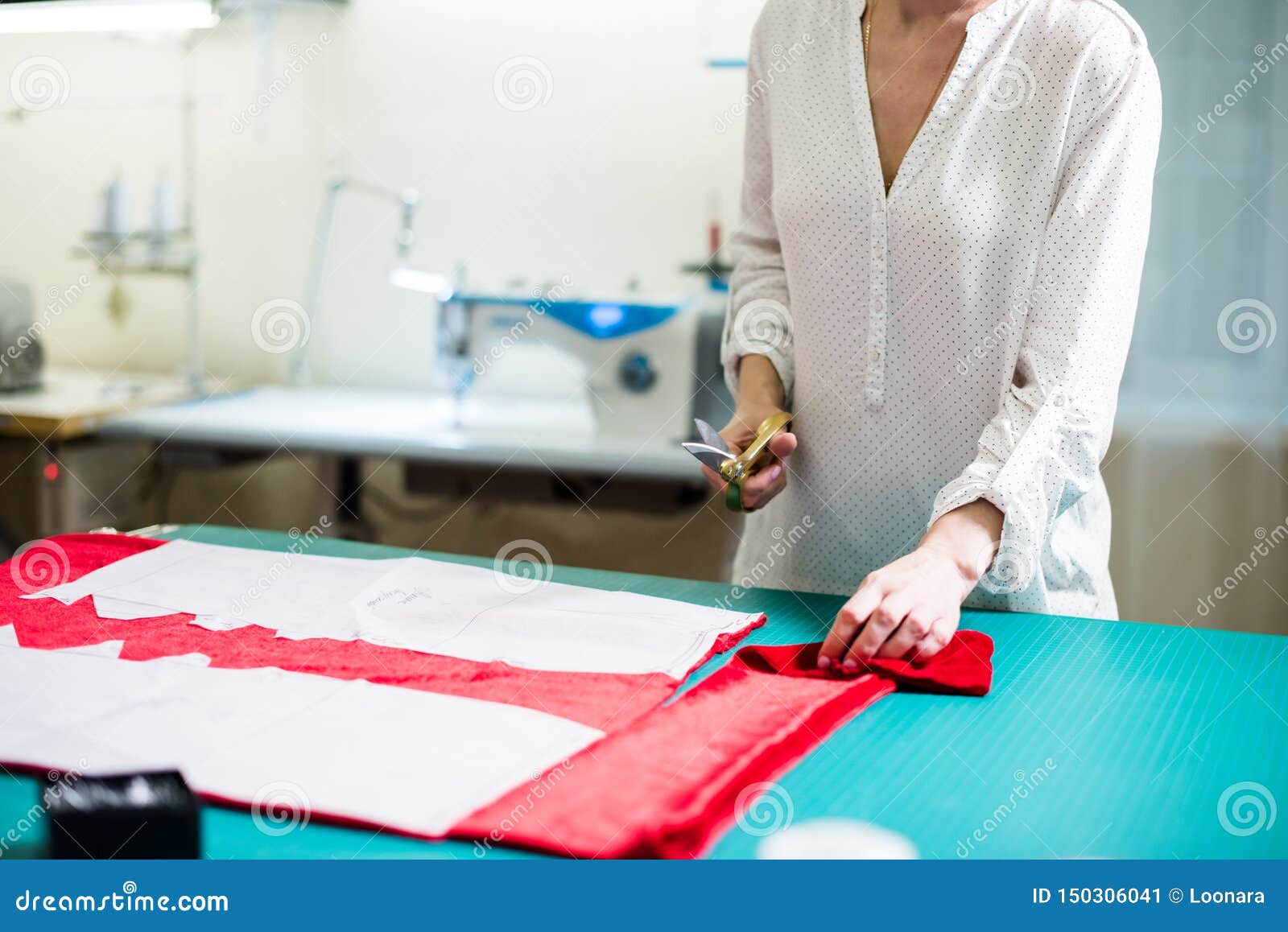 Hands of Lady Tailor Working in Her Studio, Tools and Fabric Samples on ...
