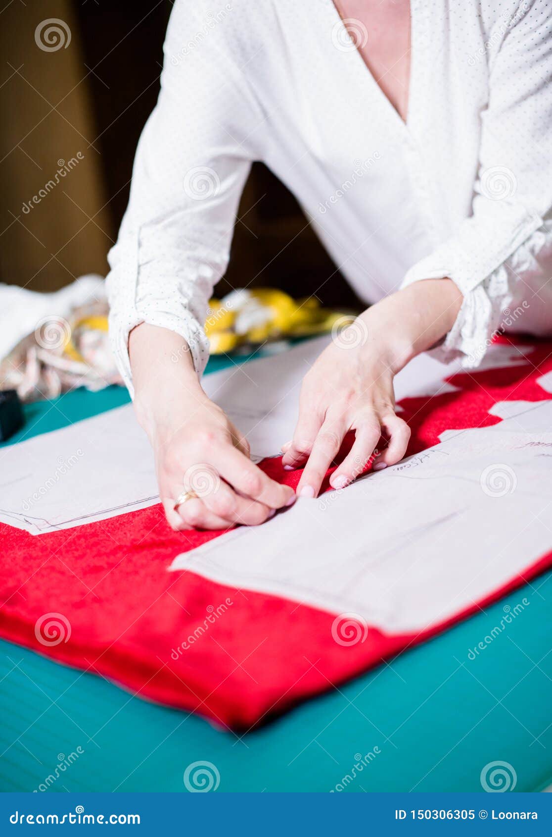 Hands of Lady Tailor Working in Her Studio, Tools and Fabric Samples on ...