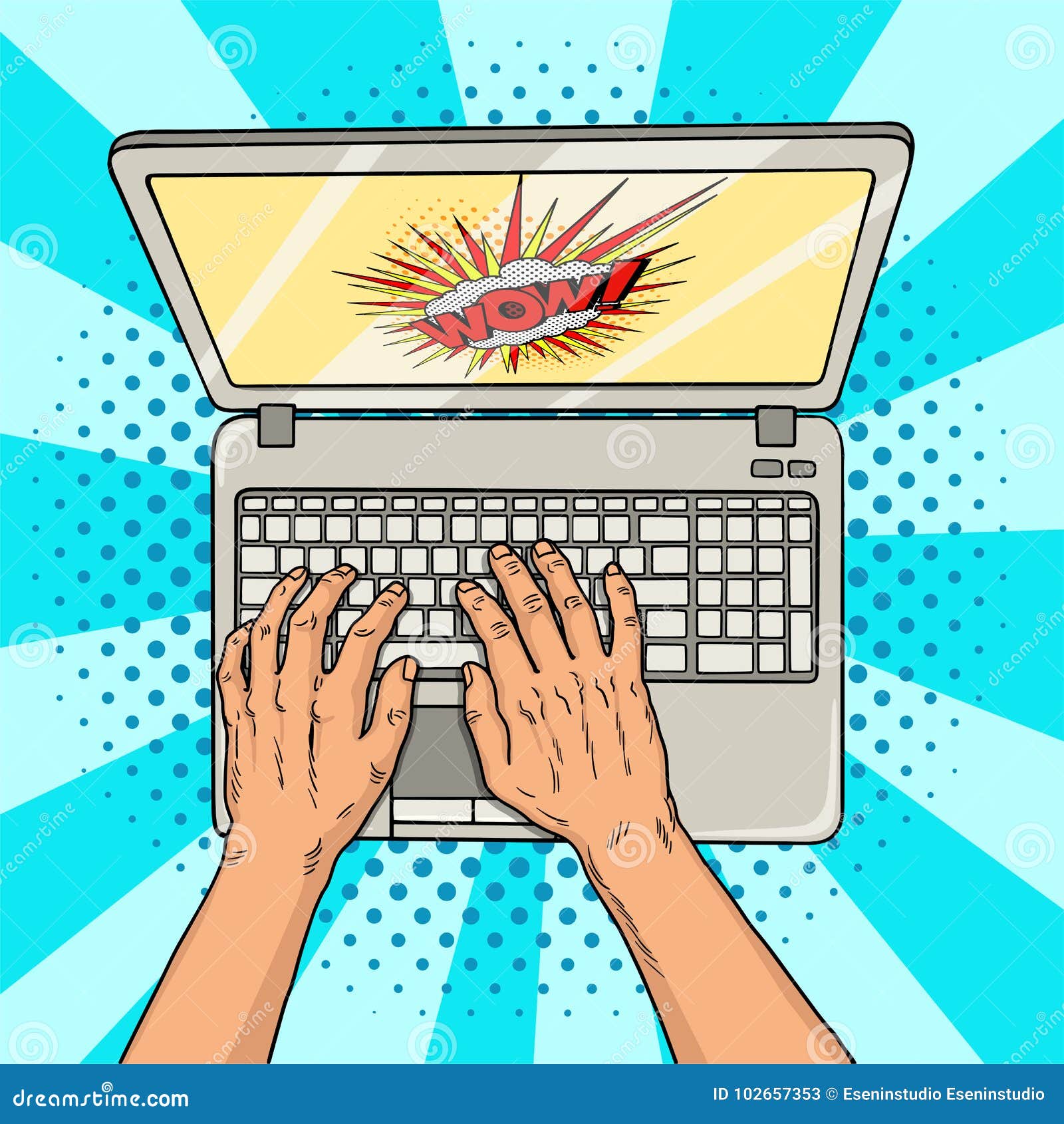 Hands on Laptop Comic Style. Office Worker or Freelancer at Work on a ...