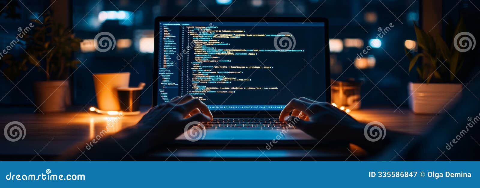 Hands on a Laptop Keyboard with Code on the Screen in a Dimly Lit Workspace. Concept of Coding ...