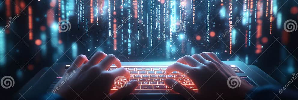 Hands on a Laptop Keyboard with Digital Data Code Falling Down the ...