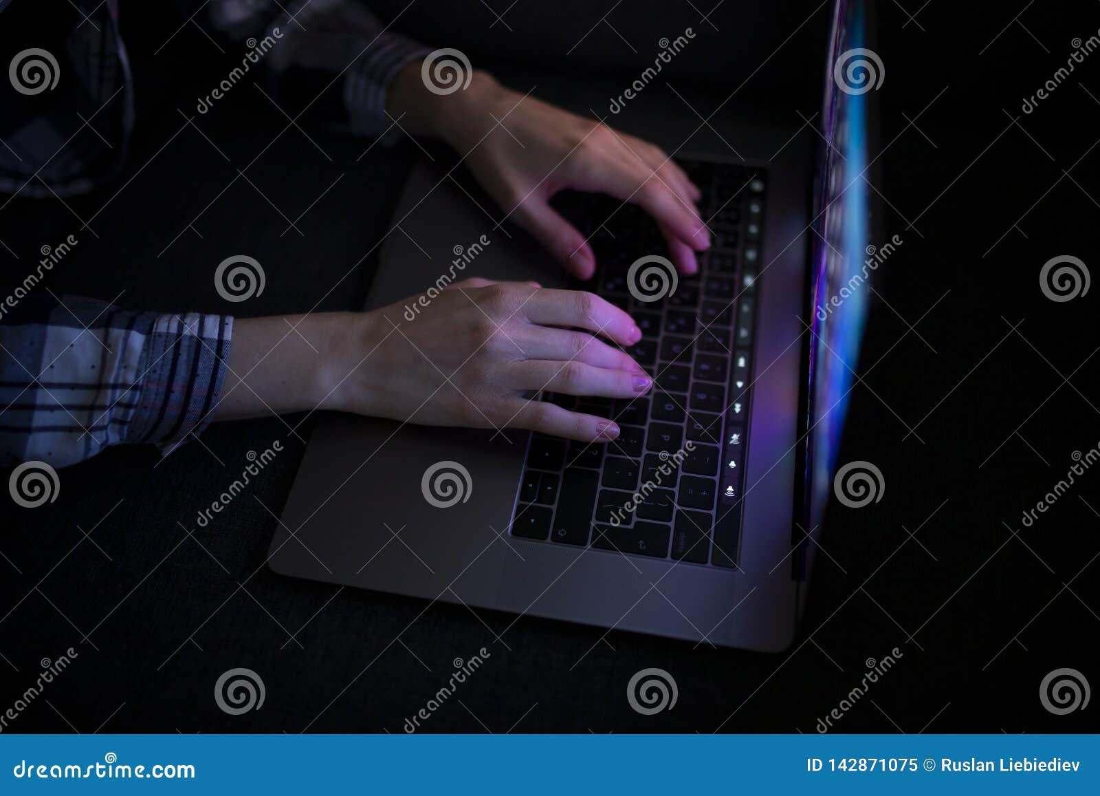 Hands with Laptop in Night Pressing Button Stock Image - Image of ...