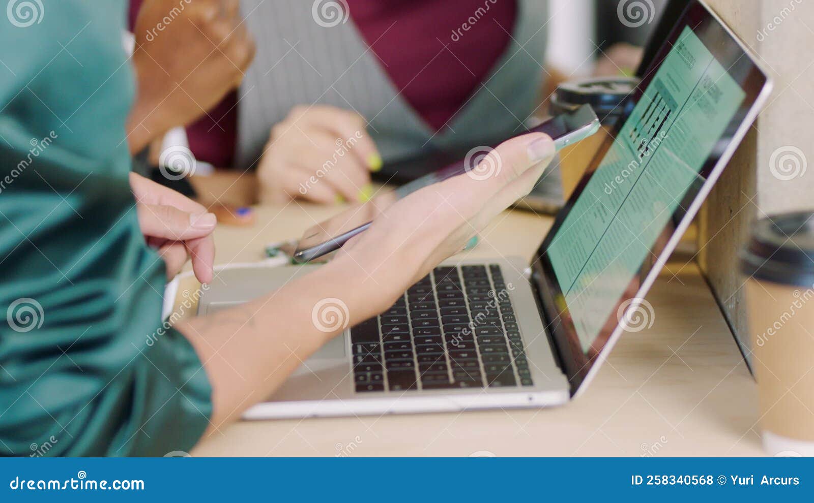 Hands, Laptop and Phone of Team in Collaboration Working at the Office ...