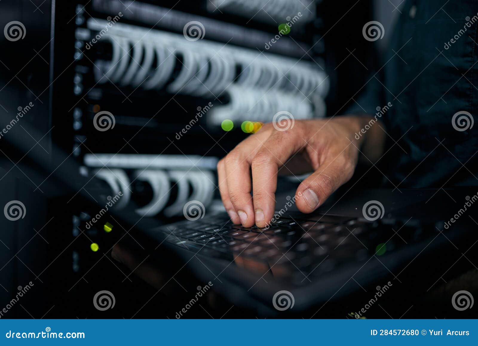 Hands, Laptop and Typing in Server Room, Man and Inspection with Coding ...
