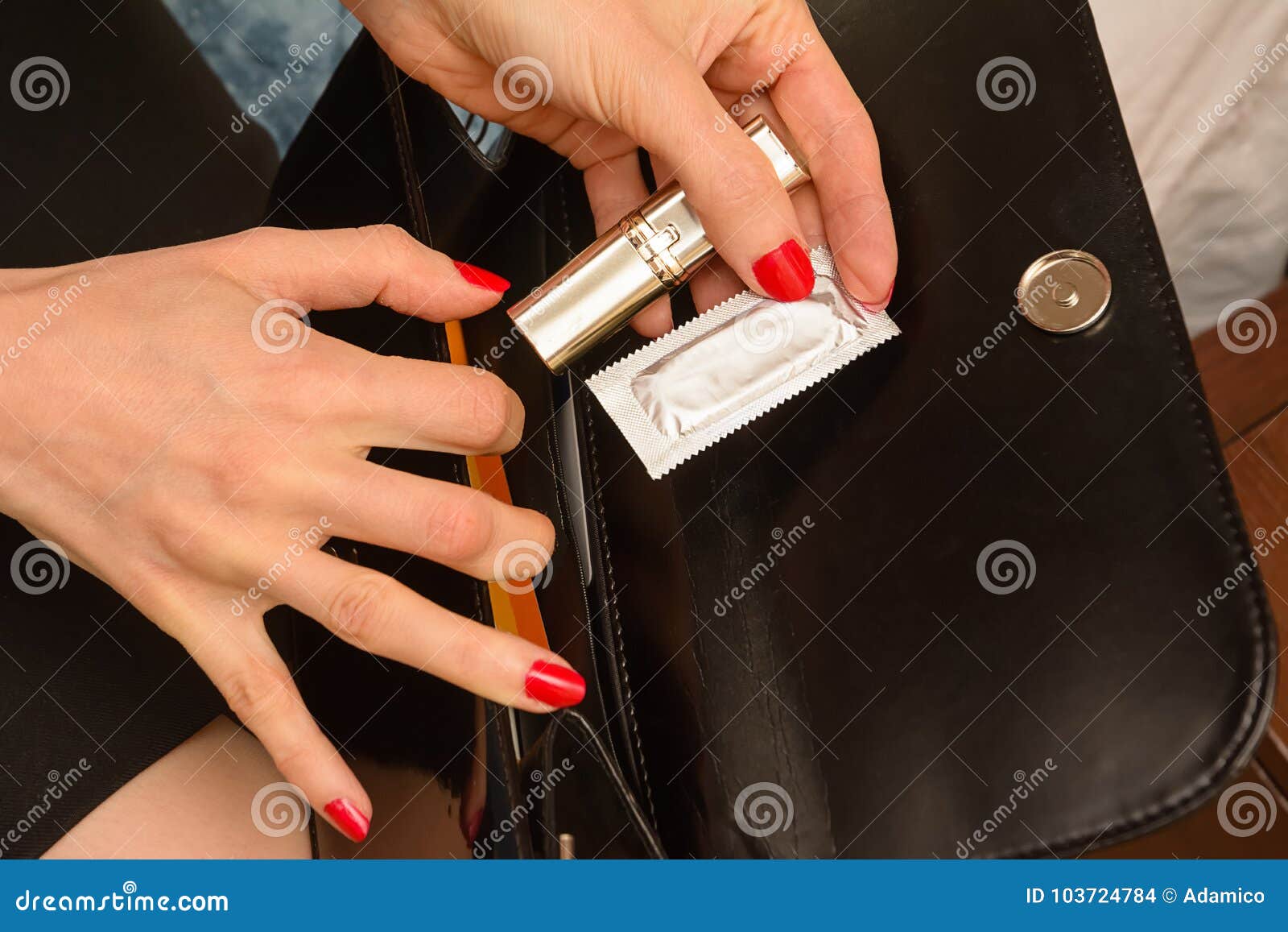 Hands Looking in the Open Handbag with Condoms Stock Photo - Image of ...