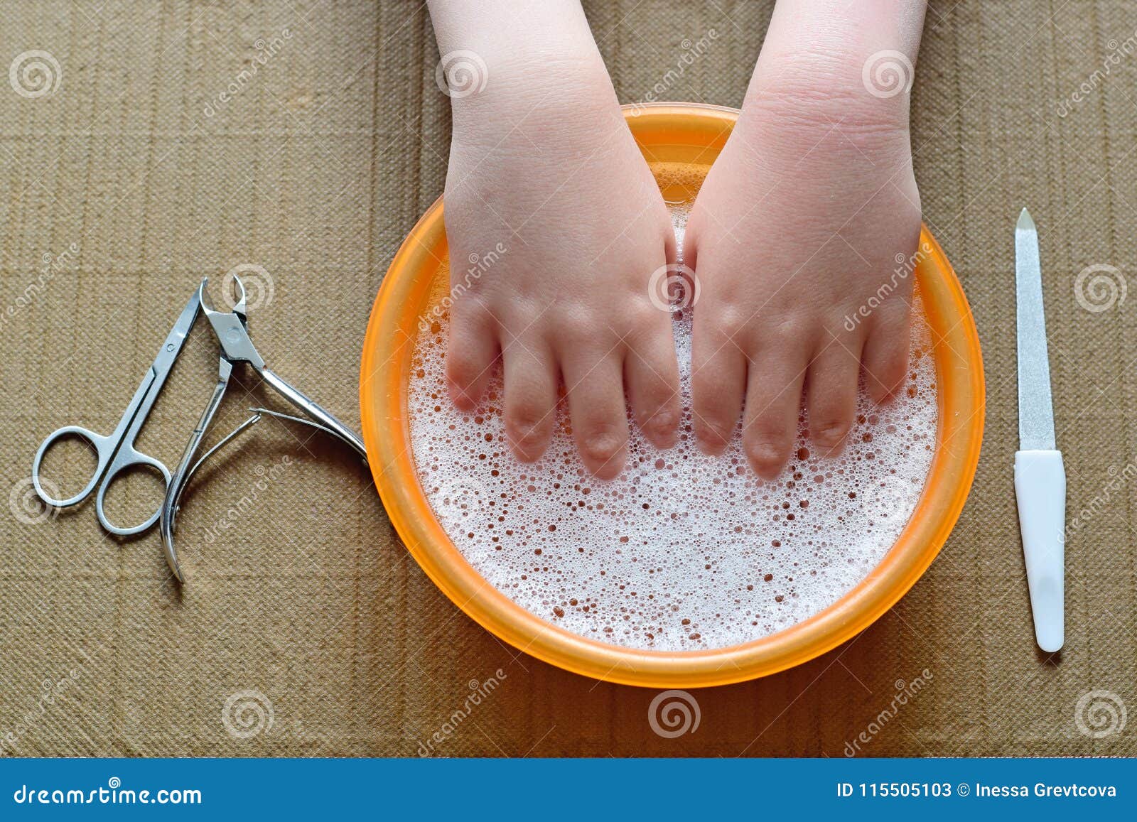 Hands are Lowered into Foam Water. Preparation for Manicure Stock Image ...