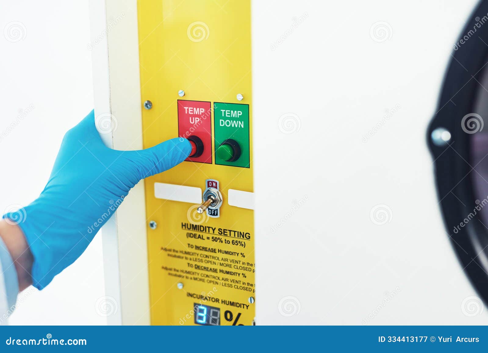 Hands, Machine and Scientist in Laboratory for Button, Temperature ...