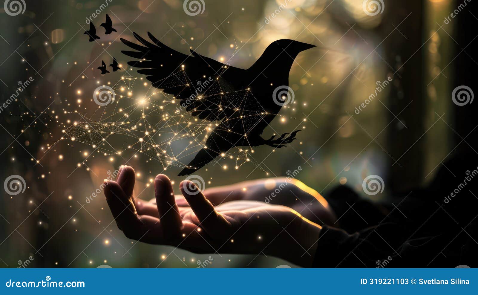 Hands Making a Bird Shadow Puppet, Its Shadow Evolving into Data ...