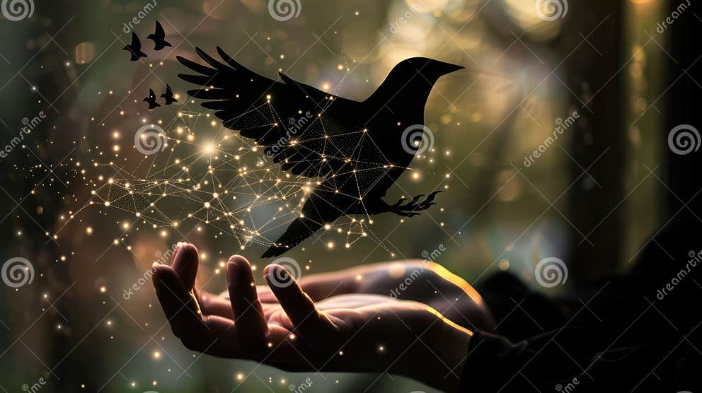 Hands Making a Bird Shadow Puppet, Its Shadow Evolving into Data ...