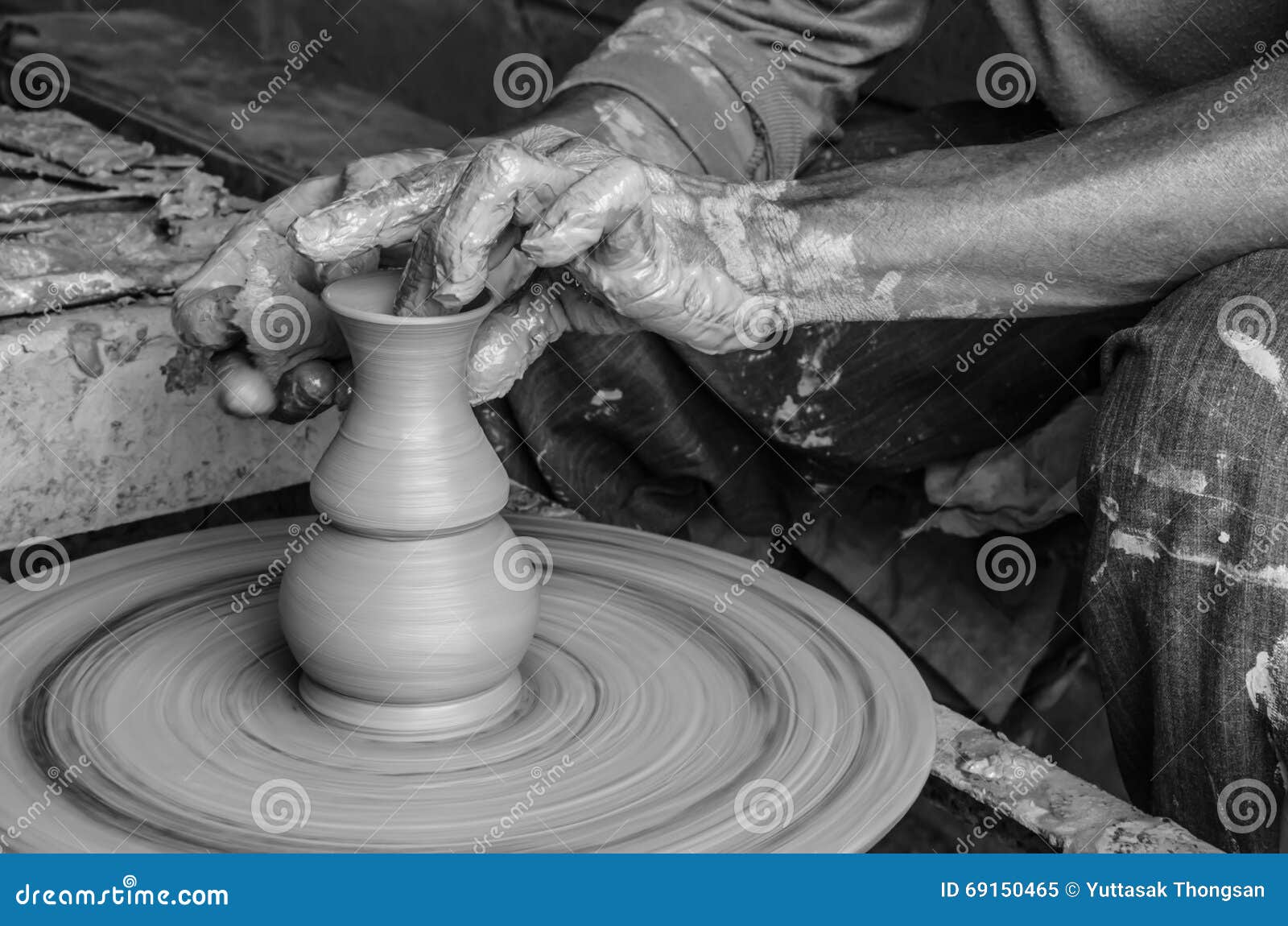 Hands of Making Clay Pot on the Pottery Wheel ,select Focus, Close-up ...