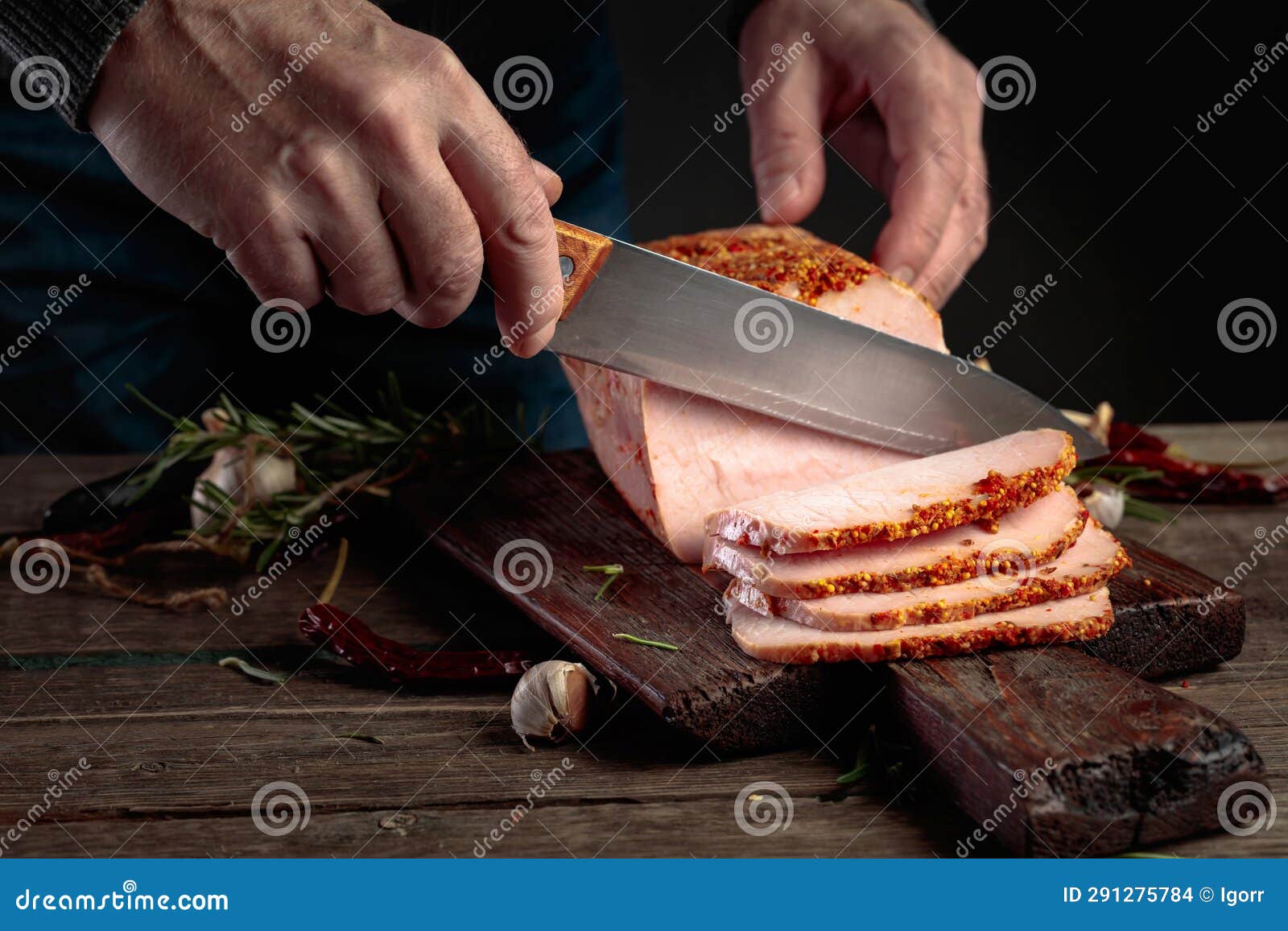Hands of a Male Butcher Cutting Spicy Ham Stock Photo - Image of board ...