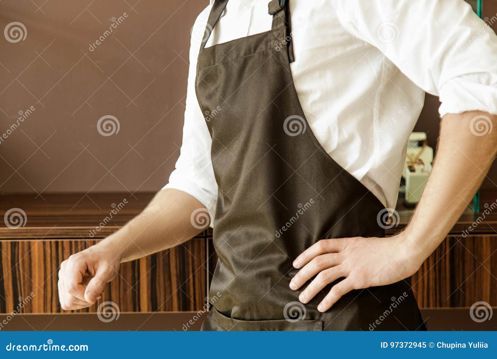 Hands of a Man in an Apron and Shirt. Close-up Stock Image - Image of ...