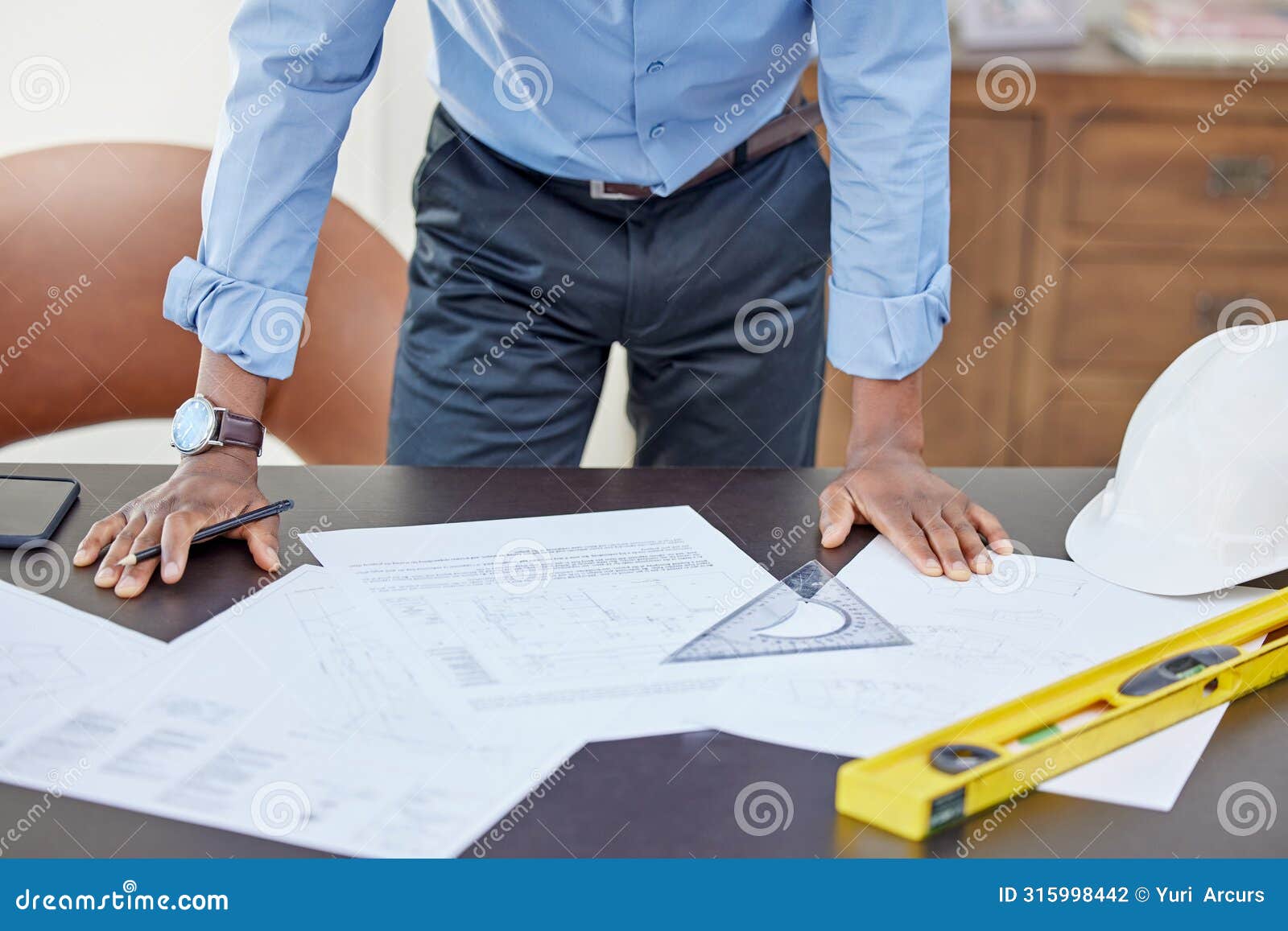 Hands, Man and Drawing on Blueprint in Table with Pencil for Planning a ...