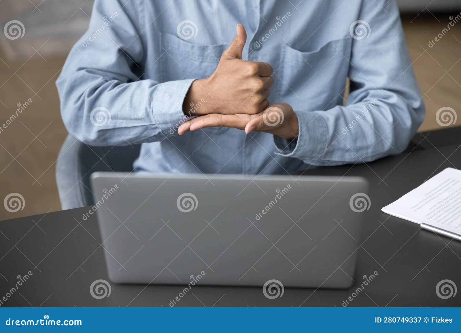 Hands of Man with Hearing Disability Talking on Video Call Stock Image ...