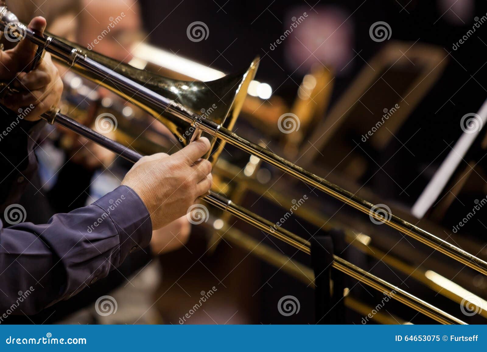 Hands of Man Playing the Trombone Stock Image - Image of instruments ...