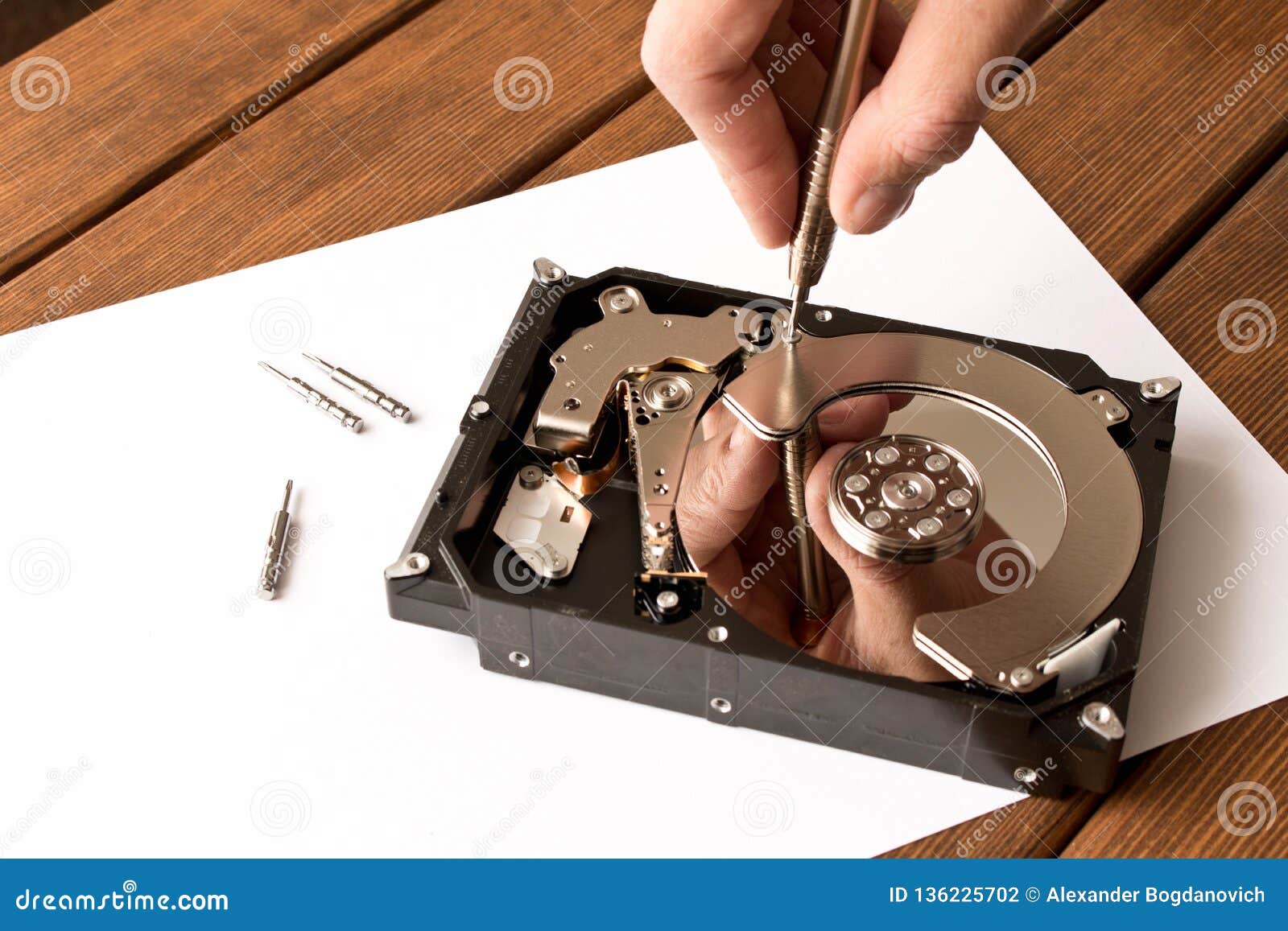 Hands of a Man with a Screwdriver Disassembling the Hard Drive Stock ...