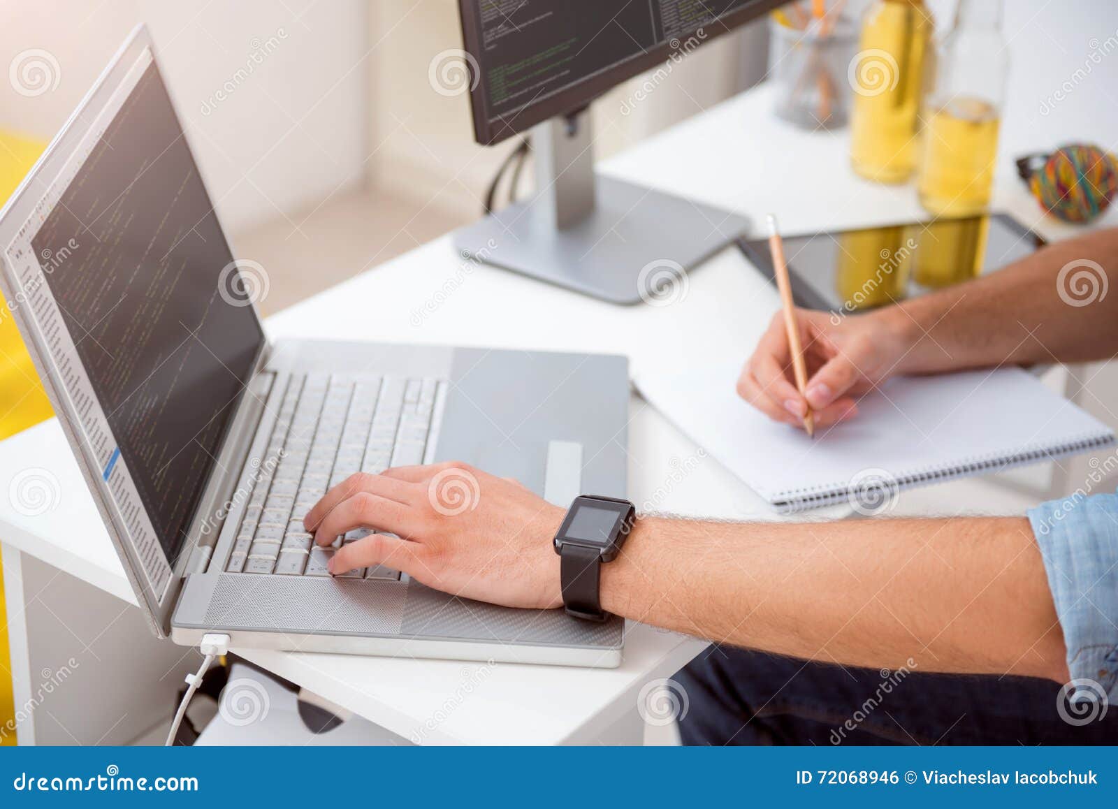 Hands of Man Tapping on the Laptop Stock Photo - Image of office ...