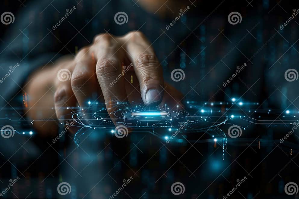 Hands of Man Touching Virtual Screen with Binary Code, High Tech Virtual Button Technology ...