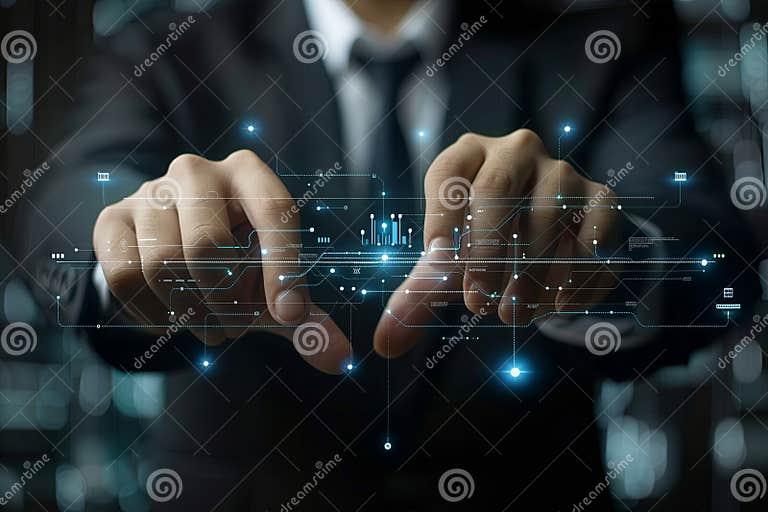 Hands of Man Touching Virtual Screen with Binary Code, High Tech ...