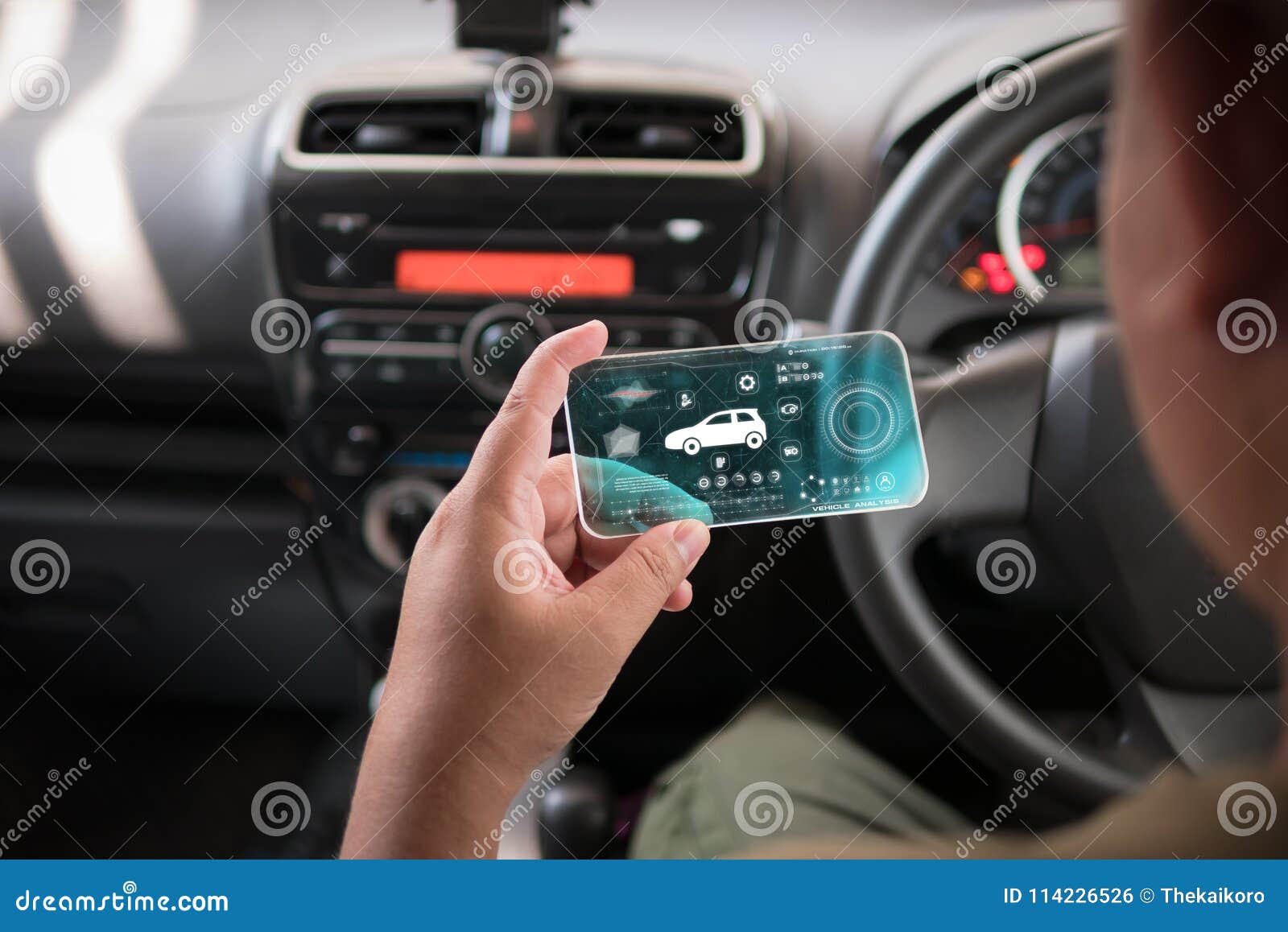 Hands of Man Using Mobile Smart Phone Vehicle Analysis Appiication in ...