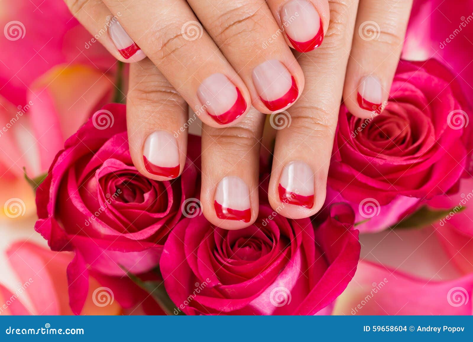 Hands with Manicured Nail Varnish Placed on Roses Stock Photo - Image ...