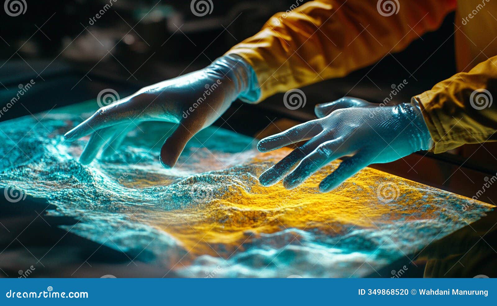 Hands Manipulate a Glowing Surface, Simulating Topography Stock ...