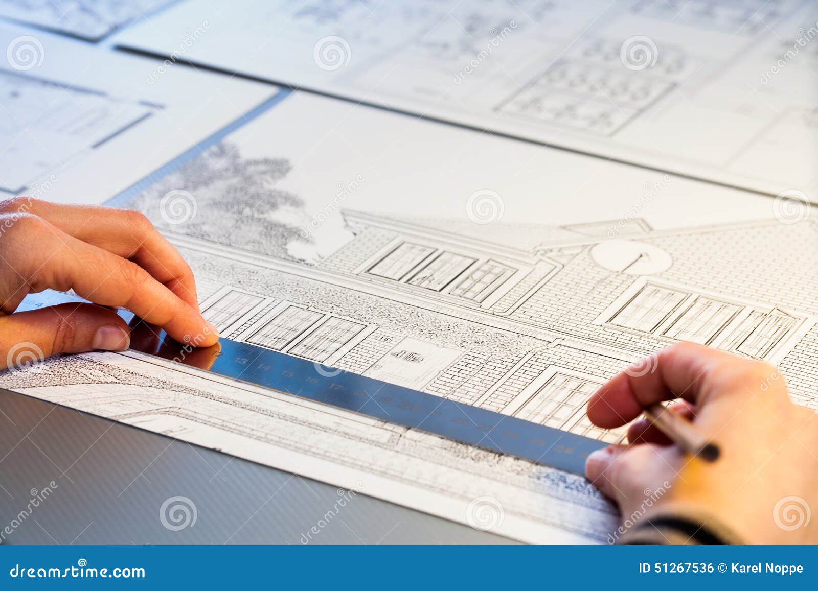 Hands Measuring Detail on Architectural Sketch. Stock Photo - Image of ...