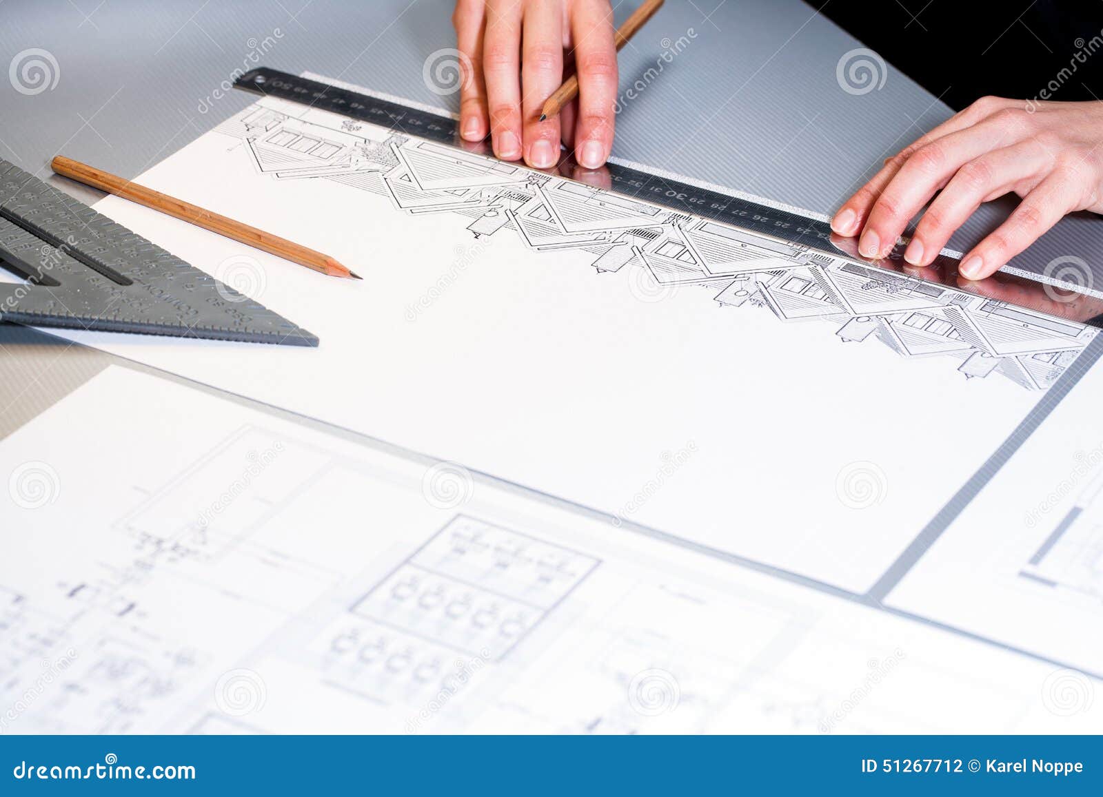 Hands Measuring Detail on House Plans. Stock Photo - Image of female ...