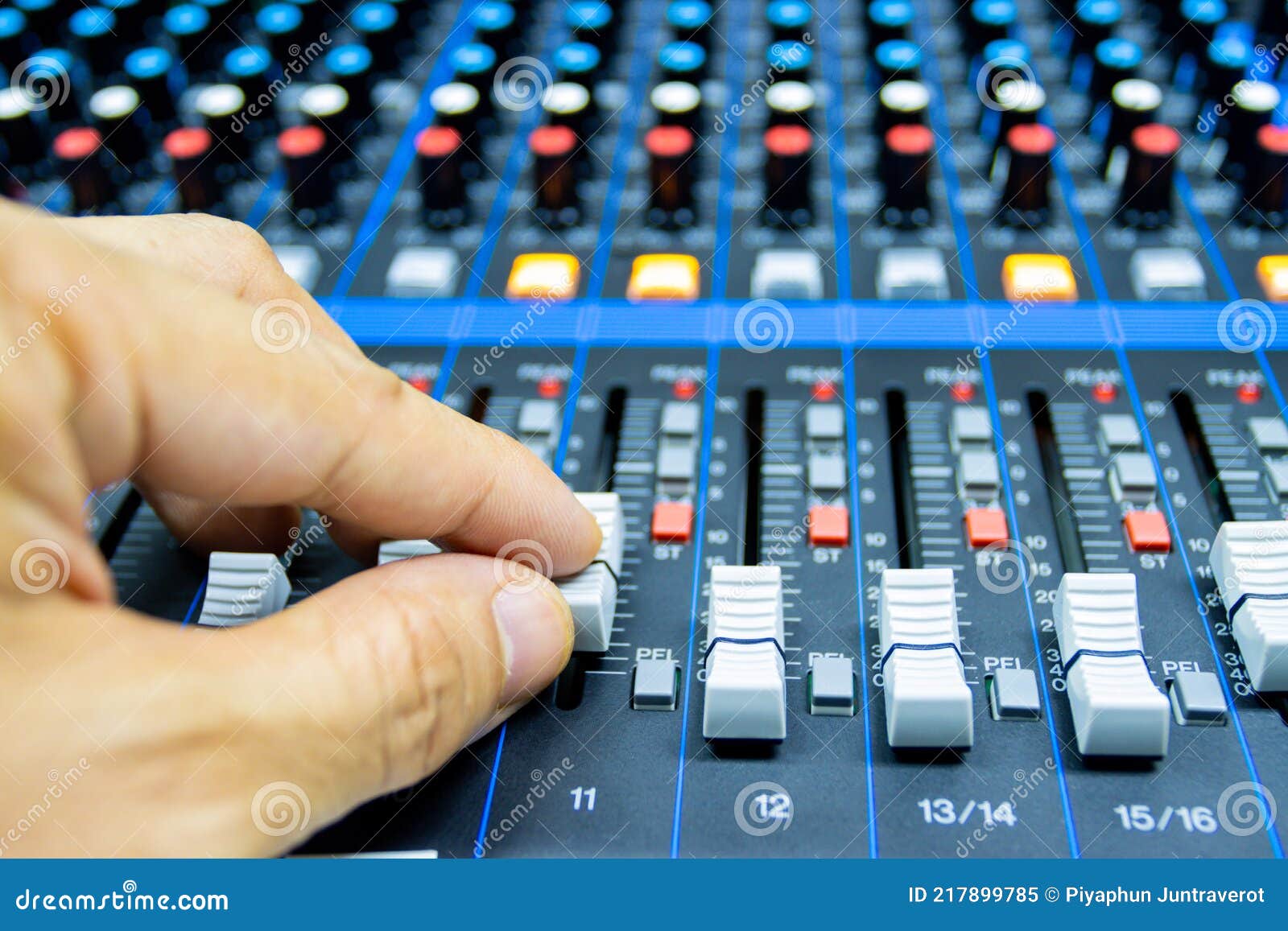 Hands of Men are Controlling the Console of a Large Hi-fi System. Sound ...