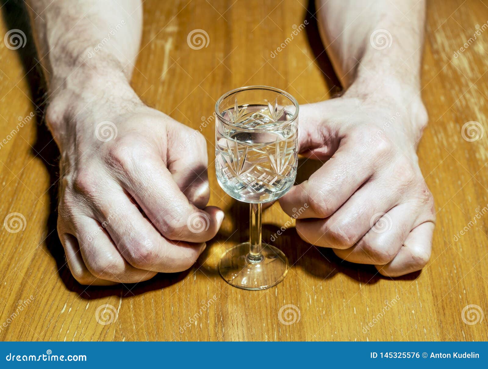 Hands Men and a Glass of Vodka on the Table Stock Photo - Image of ...