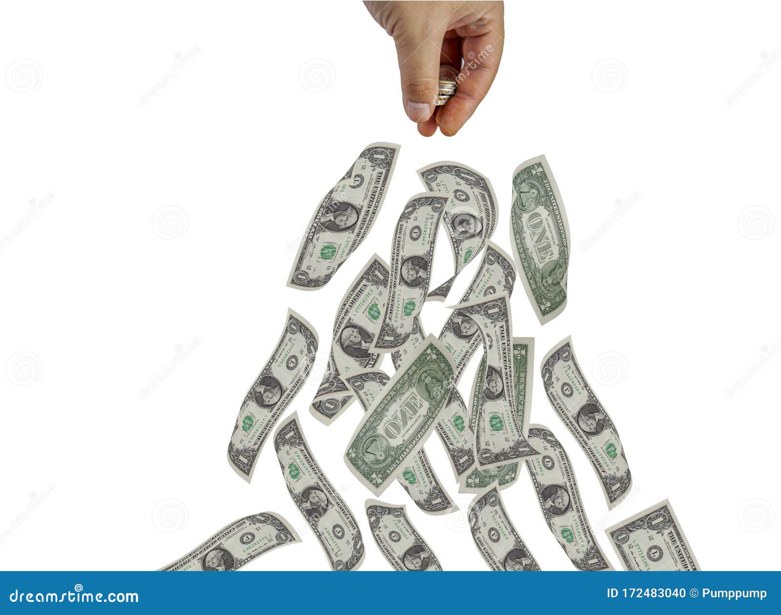 The Hands of Men Releasing Coins Drop into Bank Notes on White ...