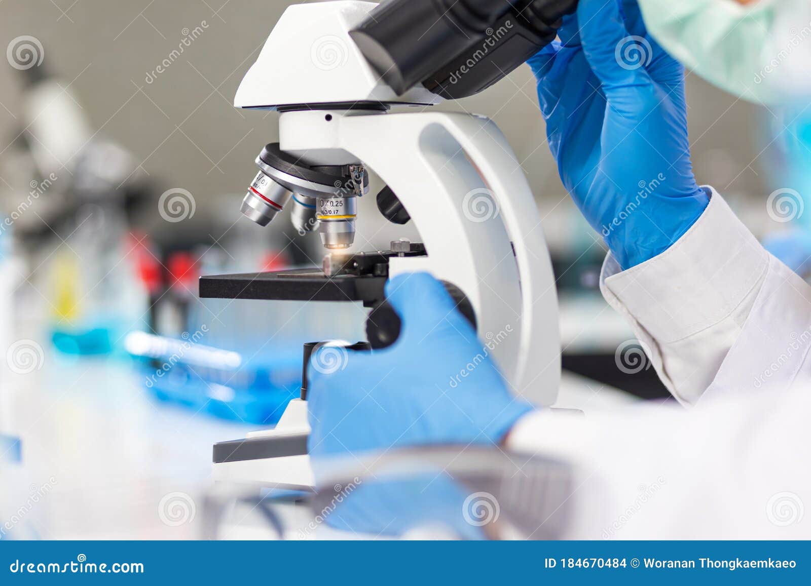 The Hands of a Researcher are Using a Microscope To Work in the ...